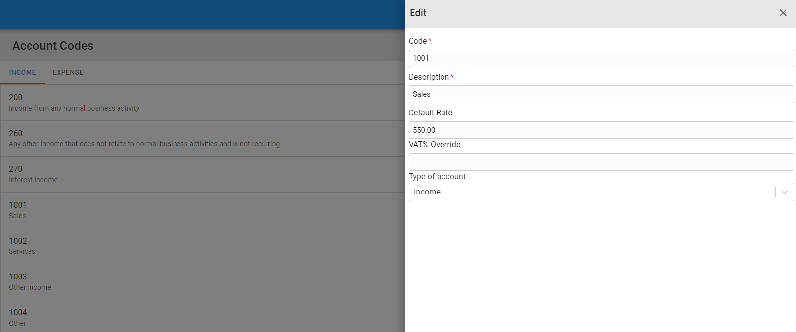 27.2 Set the VAT percentage override on Account Codes – FlowLanes